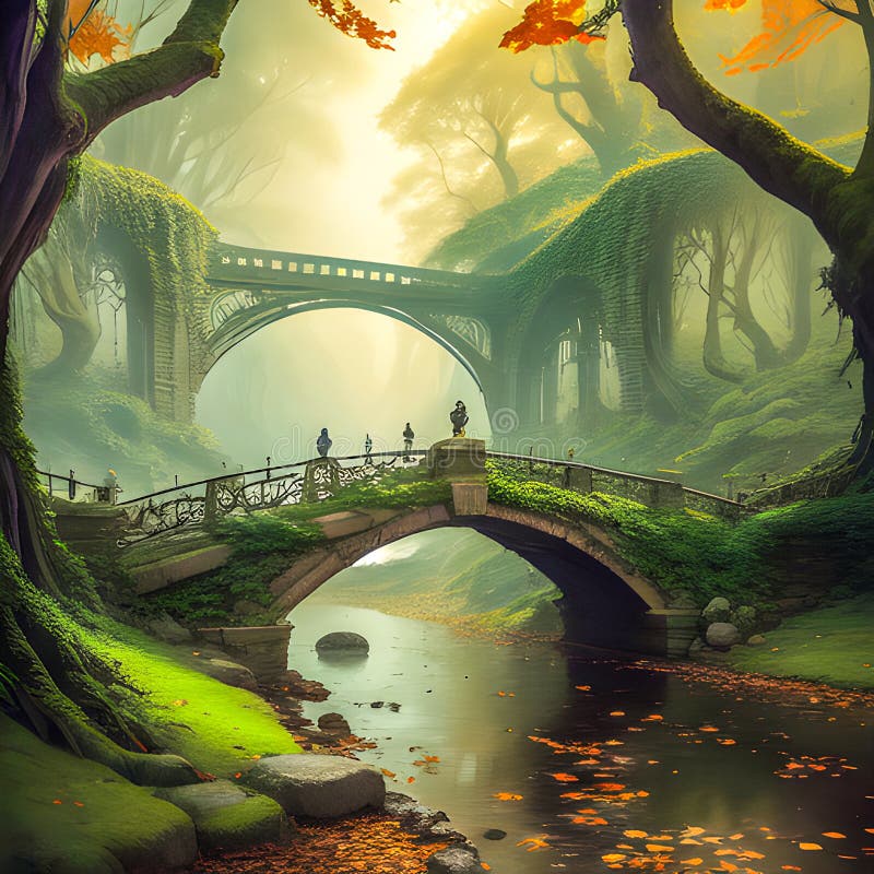 Ancient Bridge Over Quiet River in Fantasy Forest Setting Stock ...