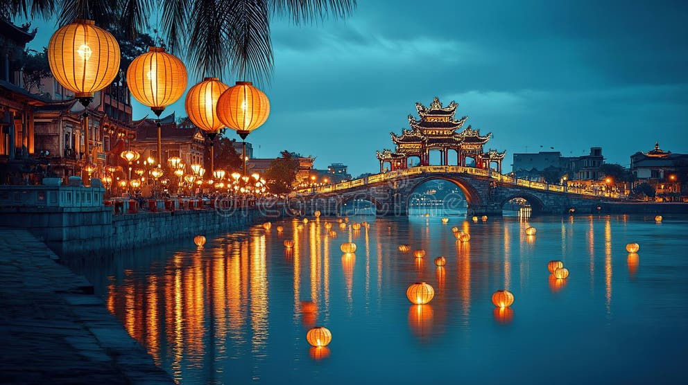 Ancient Bridge Over a Tranquil Waterway at Dusk, Adorned with Lanterns ...