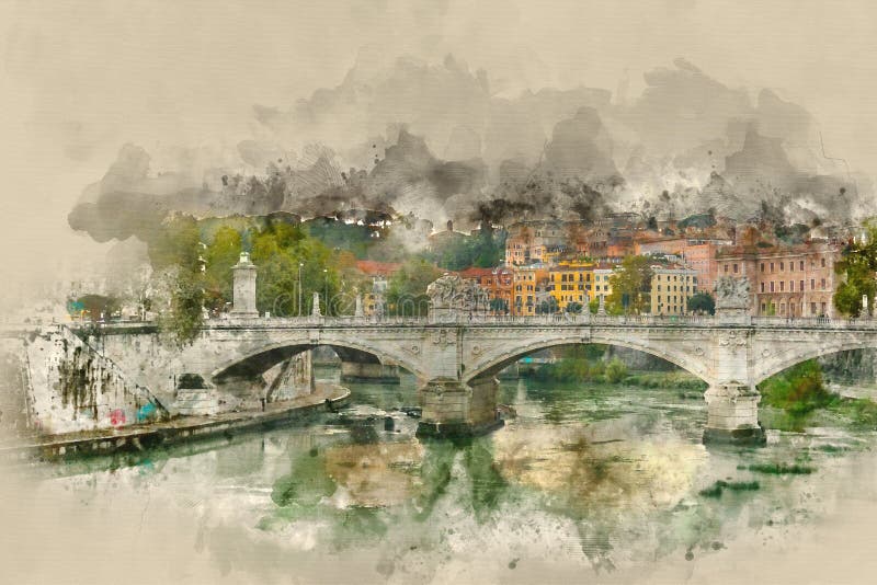Ancient Bridges Over River Tiber in Rome Stock Illustration ...