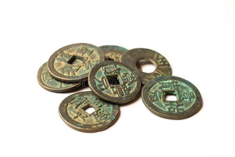 Ancient Bronze Coins of China on White Stock Image - Image of hoard ...