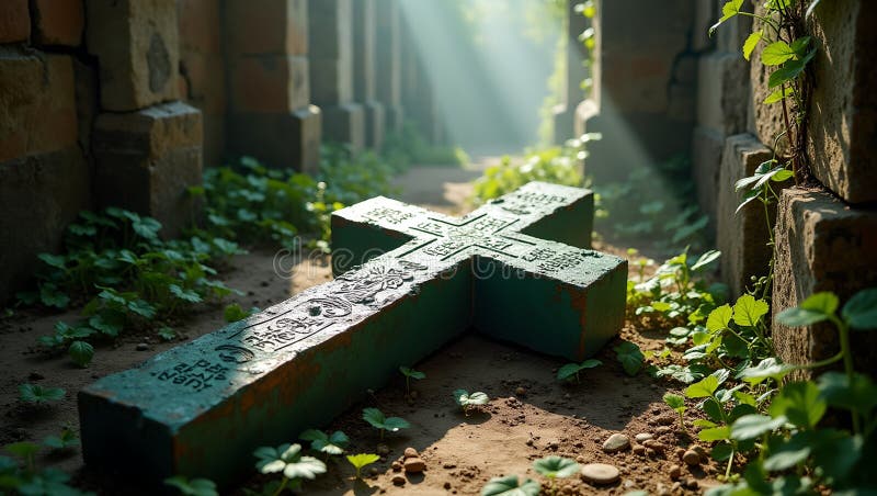 Ancient Bronze Cross among Overgrown Ruins Highlighted by Sunlight and ...