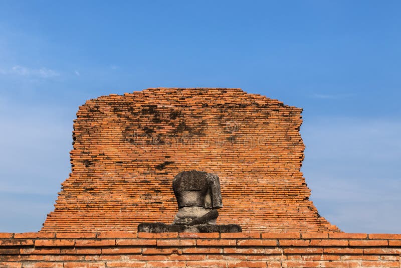 Ancient Buddha Sandstone Statue without Head Front Ruins Bricks Wall ...