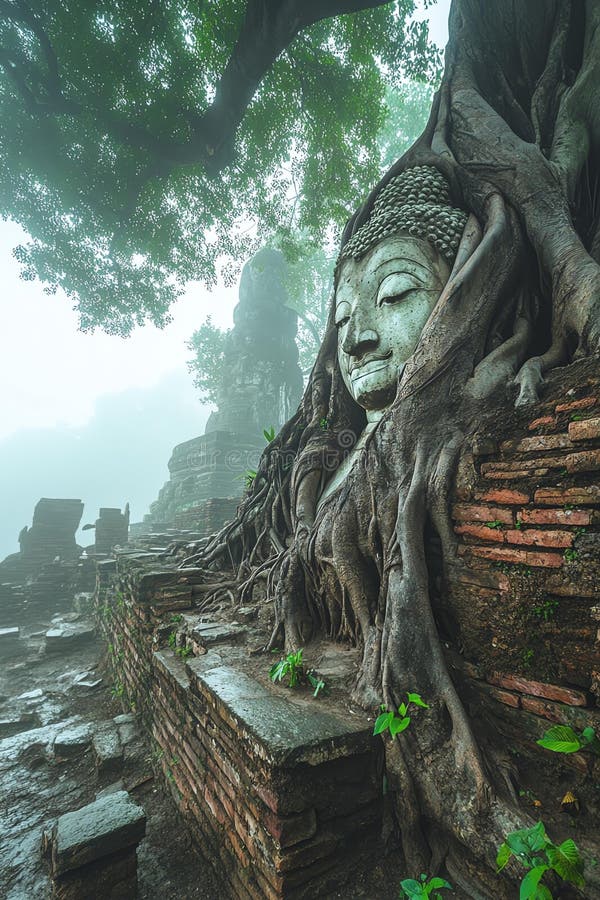 Ancient Buddha Statue Embraced by Tree Roots in a Misty, Serene ...