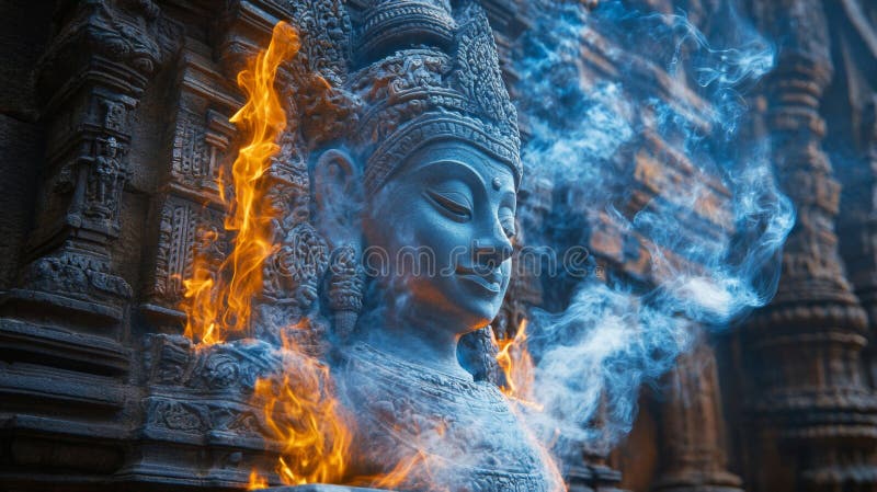 Ancient Buddha Statue Enveloped in Flames and Smoke Stock Illustration ...