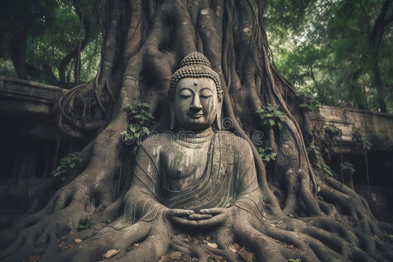 Ancient Buddha Statue Under Big Tree Created by Generative AI Stock ...