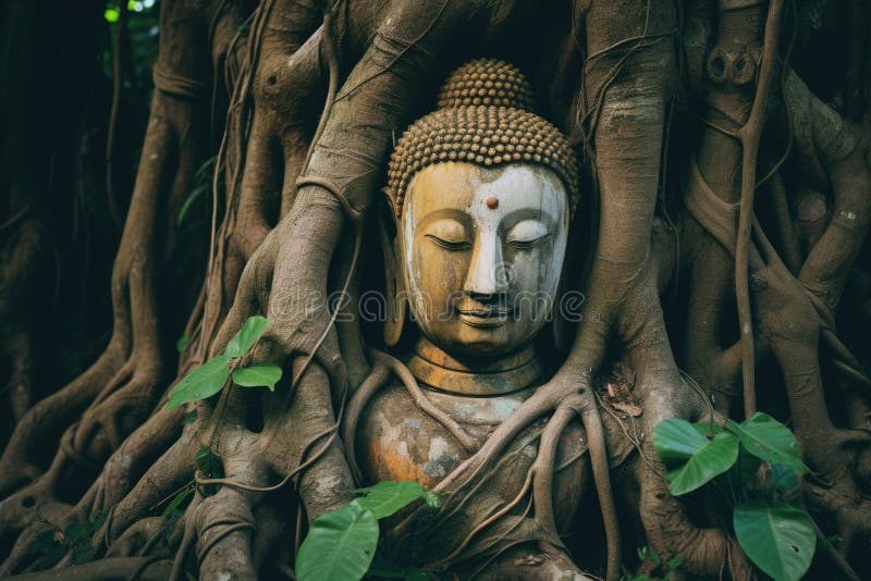 Ancient Buddha Statue Under Big Tree. Stock Illustration - Illustration ...