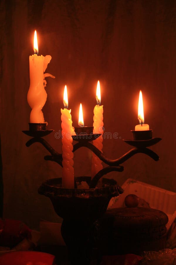 Ancient Candlestick with Burning Candles Stock Photo - Image of spot ...