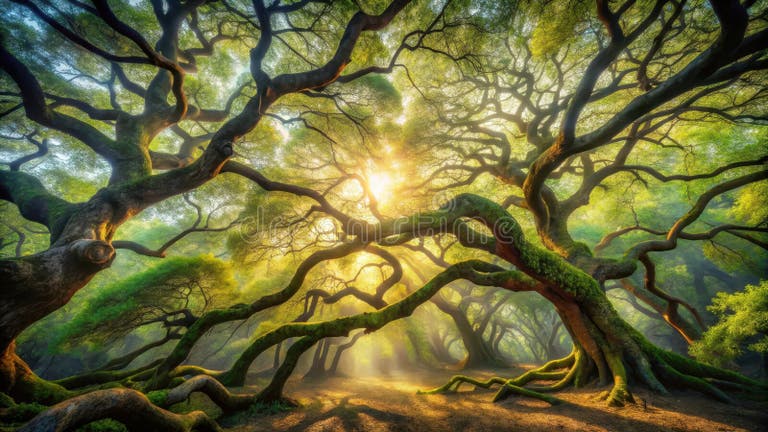 Ancient Canopy of Moss-draped Branches Bathed in Golden Sunlight a ...