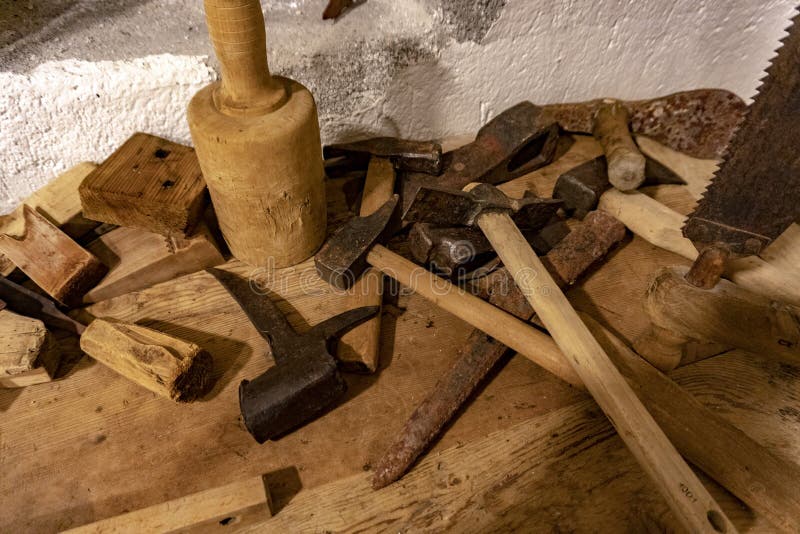 Ancient Carpenter Tools on a Wooden Wall Stock Photo - Image of home ...