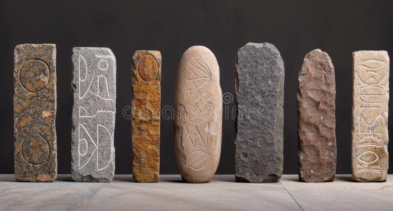 Ancient Carved Stone Artifacts on Dark Background Stock Illustration ...