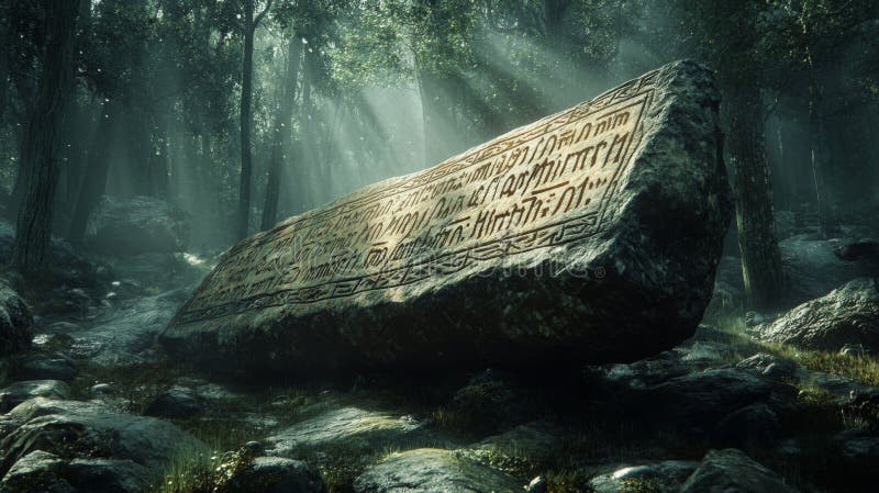 Ancient Carved Stone in a Dark Forest Stock Illustration - Illustration ...