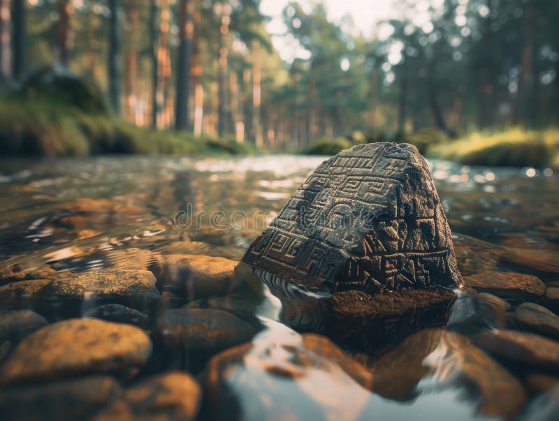 Ancient Carved Stone in Flowing River Stock Illustration - Illustration ...