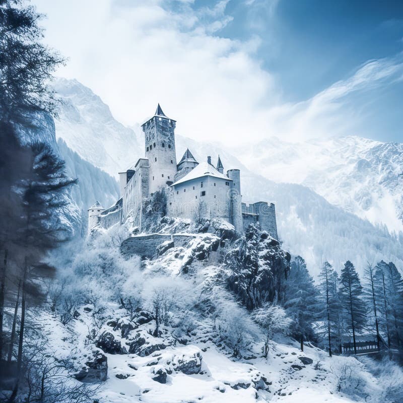 Ancient Castle, on the Background of Alpine Rocks, High Towers with ...