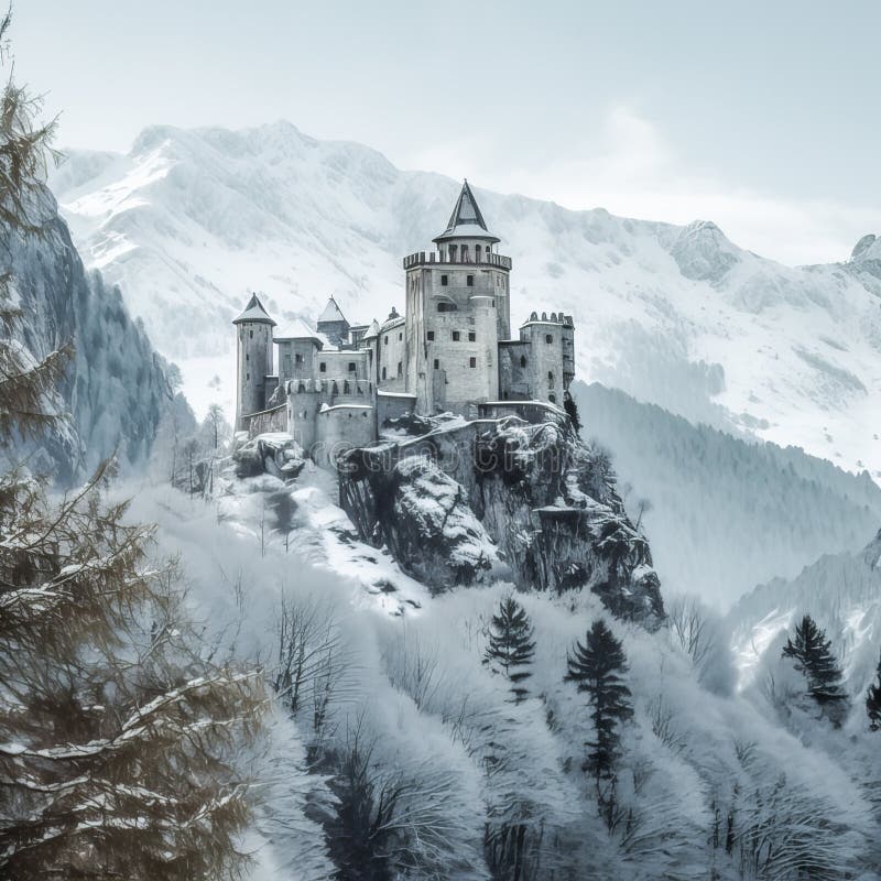 Ancient Castle, on the Background of Alpine Rocks, High Towers with ...