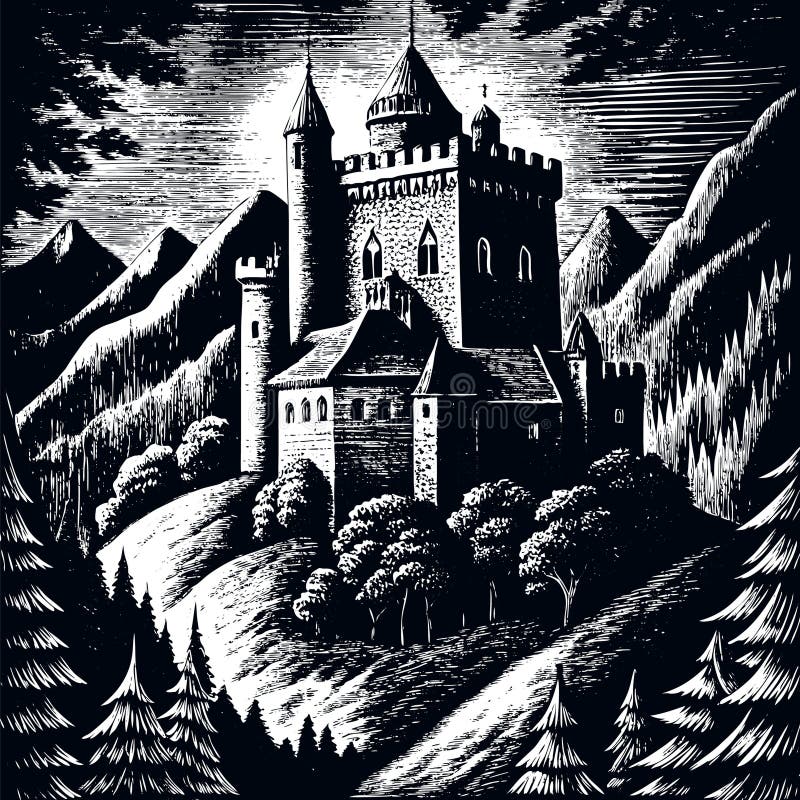 Ancient Castle Engraved Vector Stock Photo - Image of historical, house ...