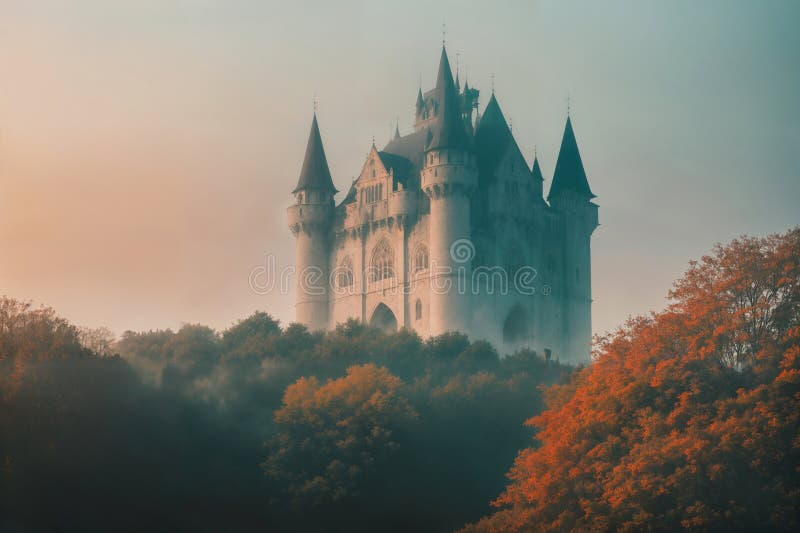 An Ancient Castle in a Misty Forest. Generative AI Stock Illustration ...