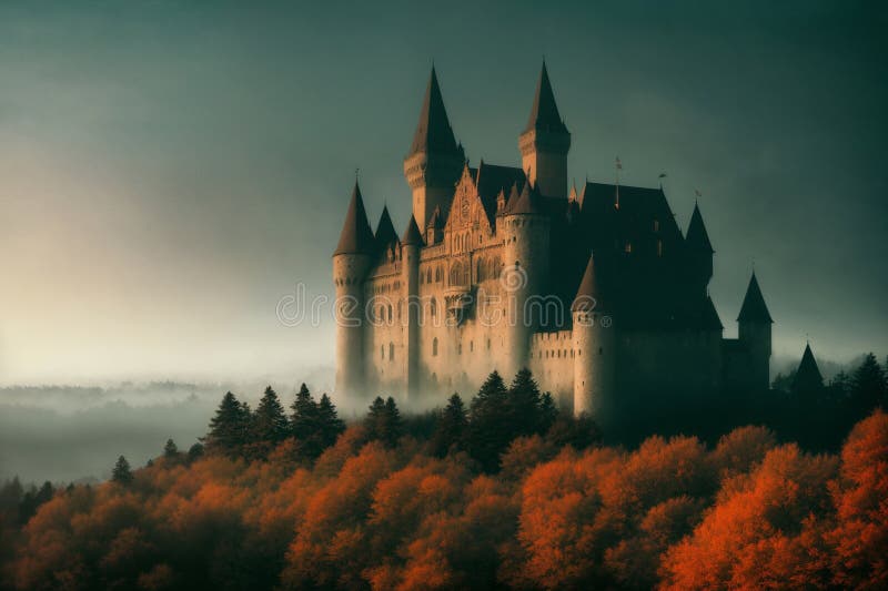 An Ancient Castle in a Misty Forest. Generative AI Stock Illustration ...