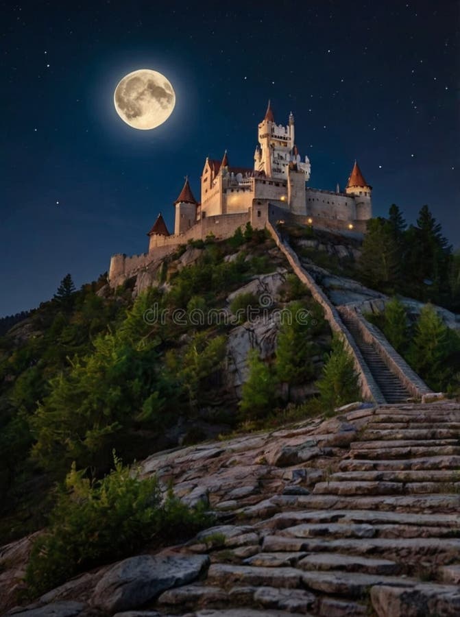 Ancient Castle on the Mountain Under the Moon Stock Illustration ...