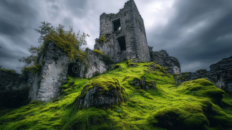 Ancient Castle Ruins Covered in Moss Against a Cloudy Sky Stock ...