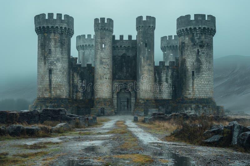 Ancient Castle Ruins Shrouded in Forest Mist Stock Image - Image of ...