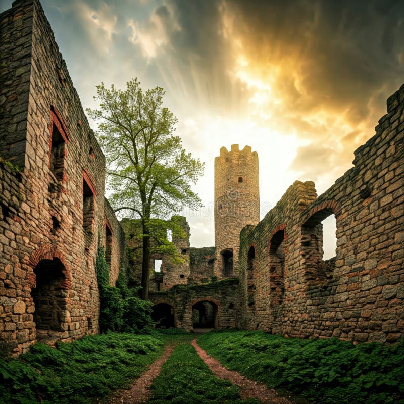 Ancient Castle Ruins at Sunset with Dramatic Sky and Tower Stock ...