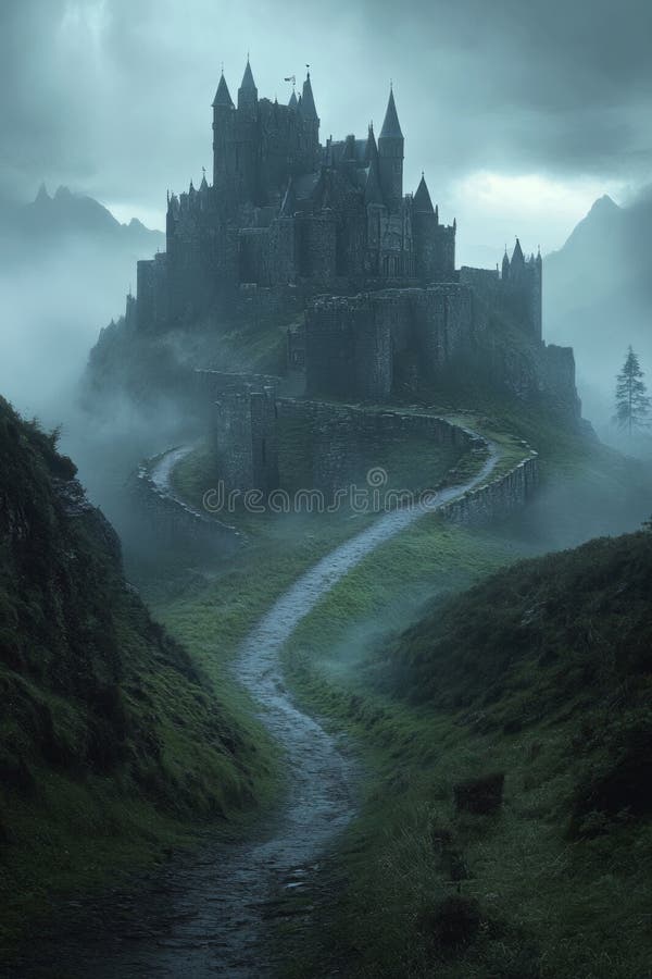 Ancient Castle Surrounded by Mist and Rugged Landscape Stock Photo ...