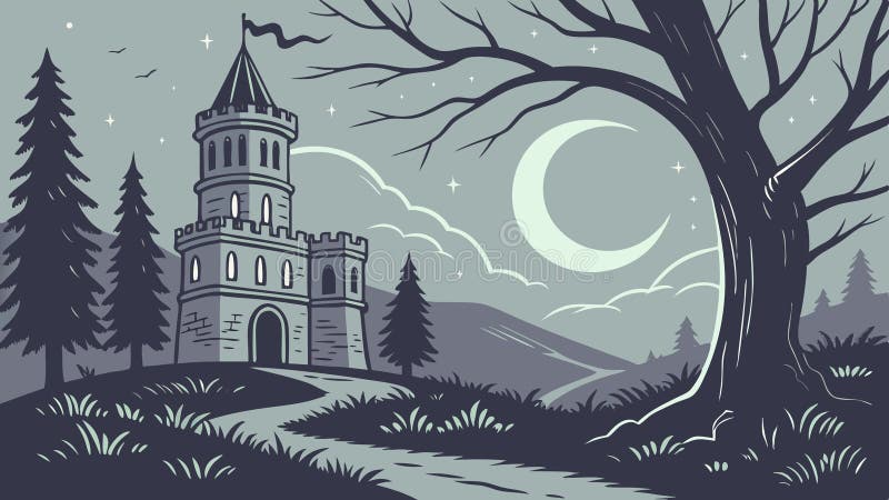Ancient Castle Tower Under a Crescent Moon, Vector Design Generative AI ...