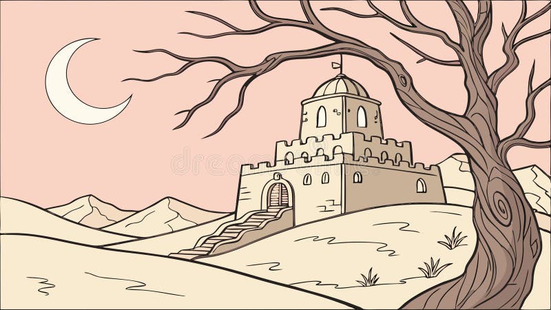 Ancient Castle Under Crescent Moon Mystical Night Scene, Vector Design ...
