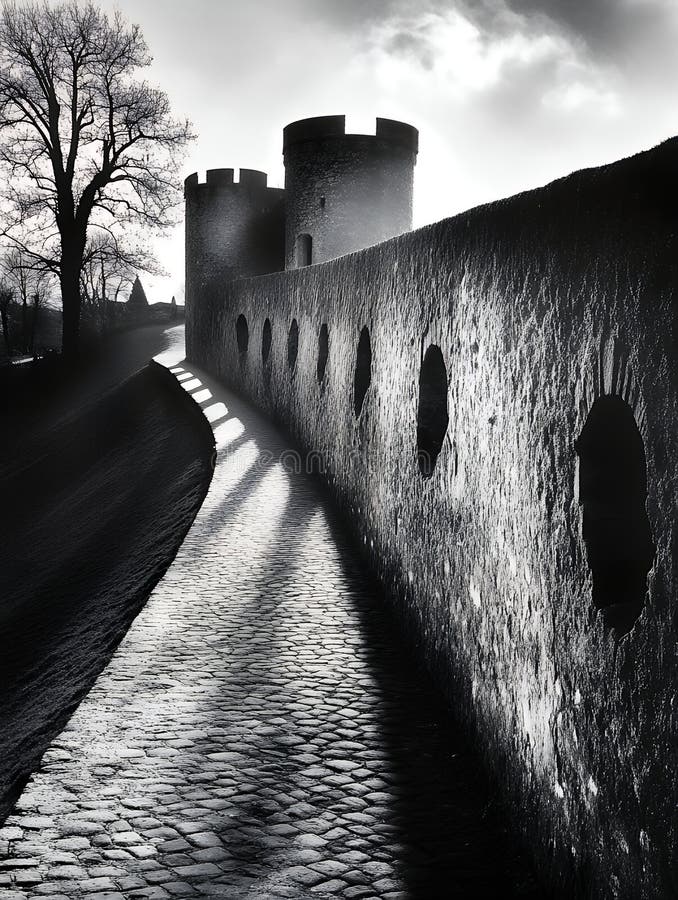 Ancient Castle Wall Cobblestone Path Dramatic Shadows Black White Old ...