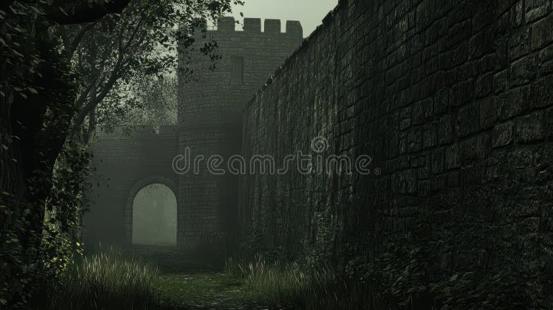 Ancient Castle Wall Pathway Leading through Foggy Woods Stock ...