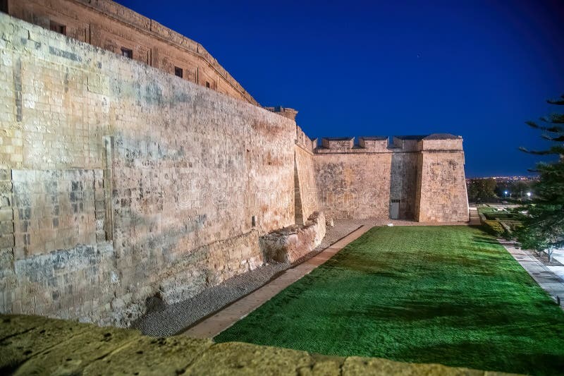 Ancient Castle Walls of La Valletta at Night, Malta Stock Image - Image ...
