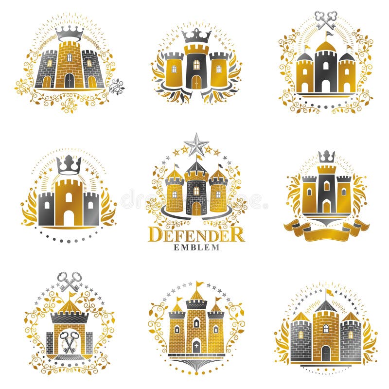 Ancient Castles Emblems Set. Heraldic Coat of Arms Decorative Lo Stock ...