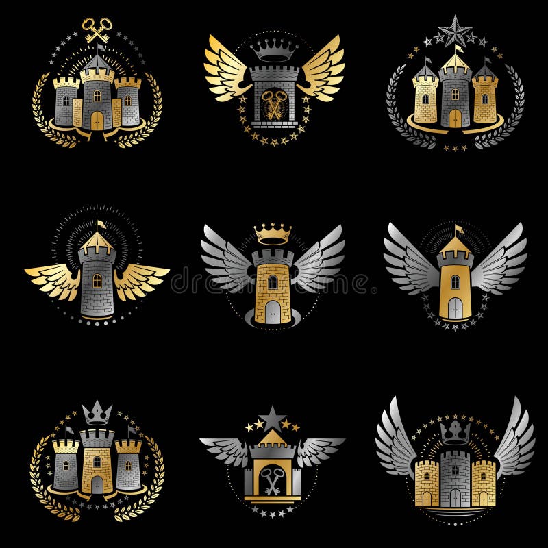 Castles Logos Big Vector Set, Vintage Heraldic Fortresses Emblems ...