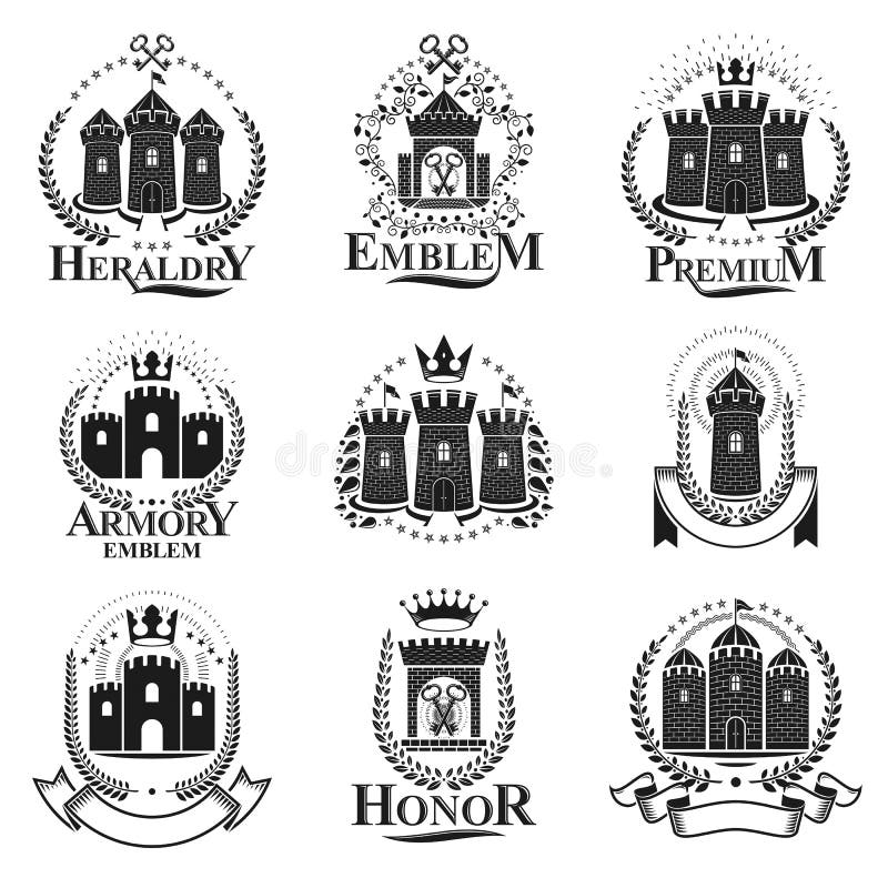 Ancient Castles Emblems Set. Heraldic Coat Of Arms Decorative Lo Stock ...