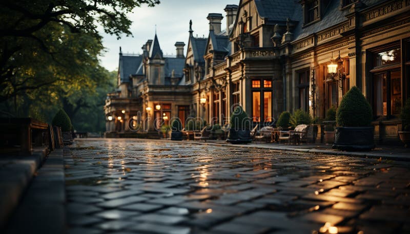 Ancient Cathedral Illuminates Medieval Town Square in Autumn Twilight ...