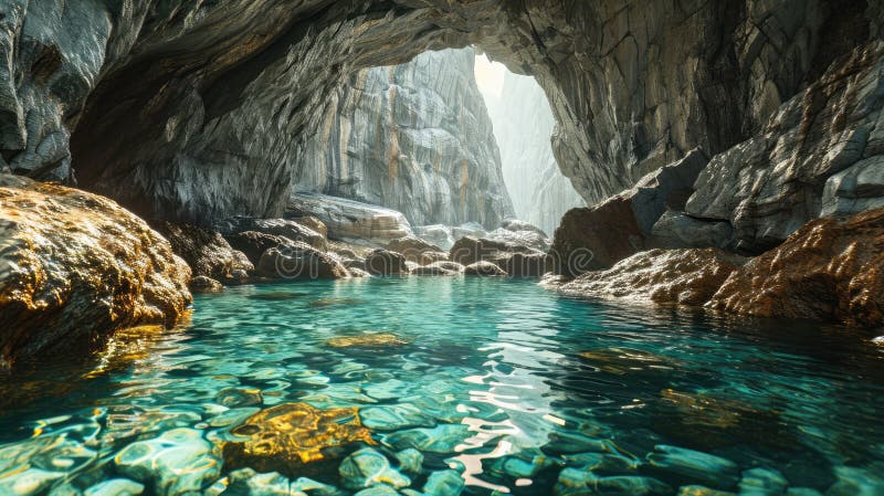 An Ancient Cave with Clear Water Stock Illustration - Illustration of ...