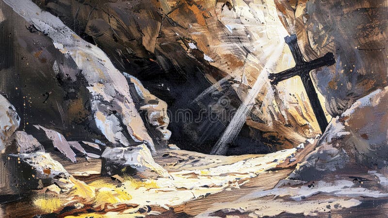 Ancient Cave Digital Painting with Christian Cross Stock Photo - Image ...
