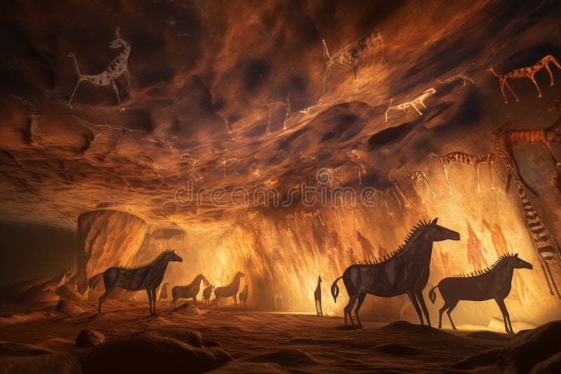 Ancient Cave Drawings of Mythical Unicorns in Hidd Stock Illustration ...