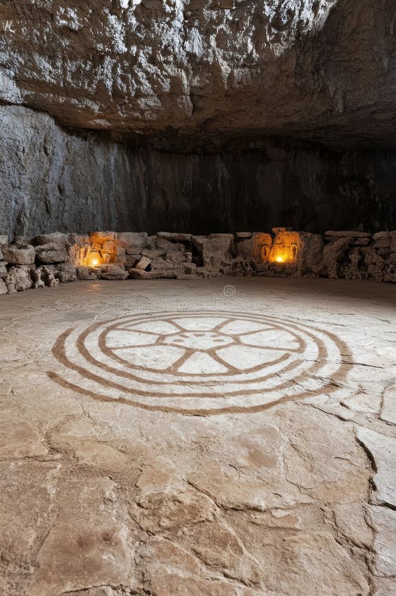Ancient Cave Interior with Circular Floor Design and Glowing Alcoves ...