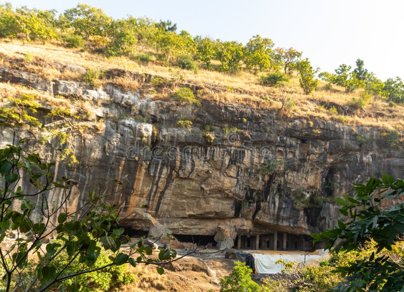 Ancient Cave Temples Carved into Hillside Cliff Stock Image - Image of ...