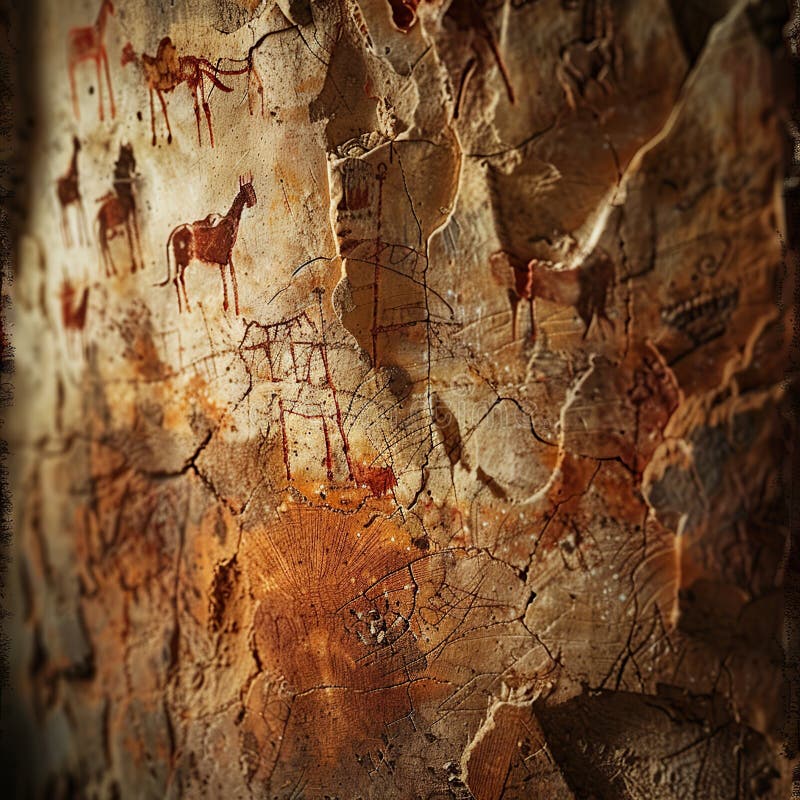 Ancient Cave Wall with Prehistoric Animal Paintings Stock Illustration ...