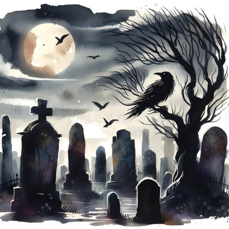 An Old Graveyard with Ancient Tombstones and a Crow Beneath the Full ...