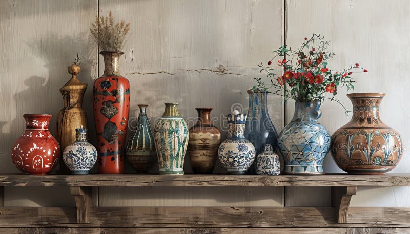 Ancient Ceramics Collection Decorated Rustic Wooden Shelf Indoors ...