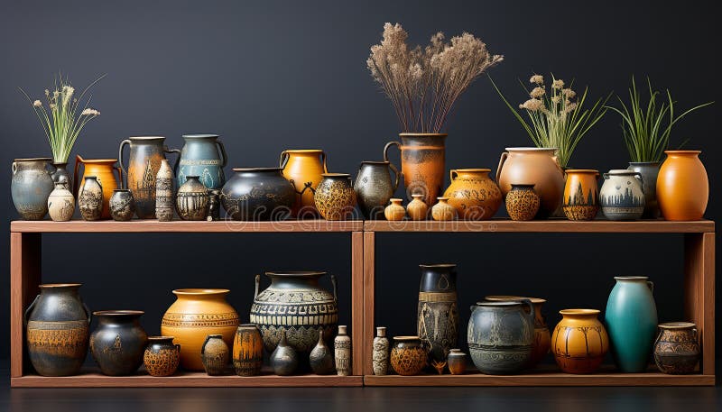 Ancient Ceramics Collection Decorates Rustic Wooden Shelf Indoors ...