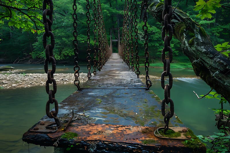 Ancient Chain Bridge Spanning a Lush Green River Stock Illustration ...