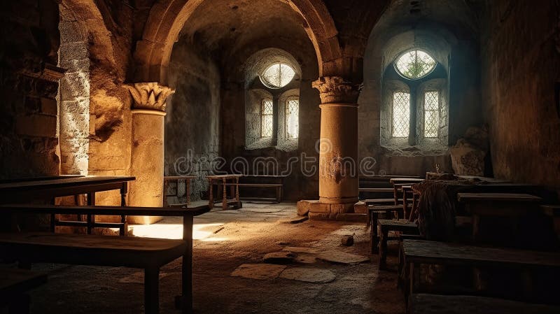 Ancient Chapel Interior with Dim Light Stock Illustration ...