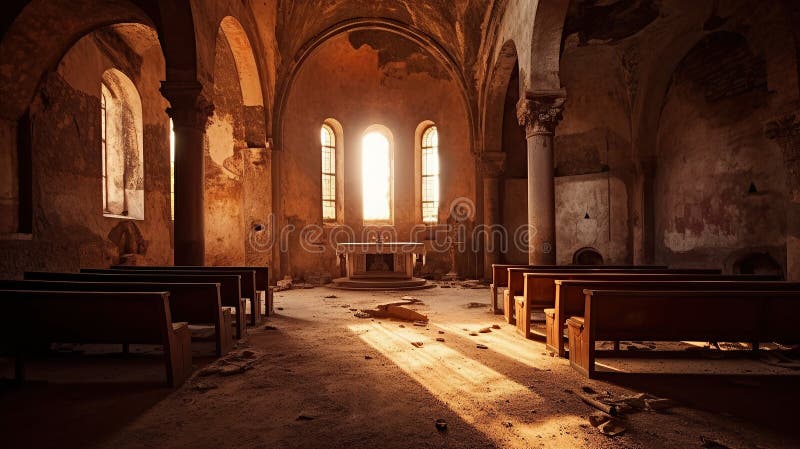 Ancient Chapel Interior with Dim Light Stock Illustration ...