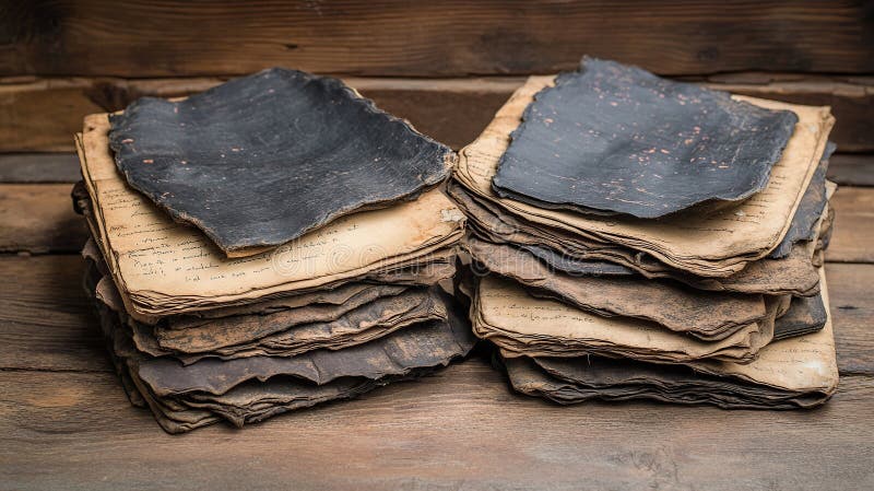 Ancient Charred Documents on Wooden Surface Stock Photo - Image of ...