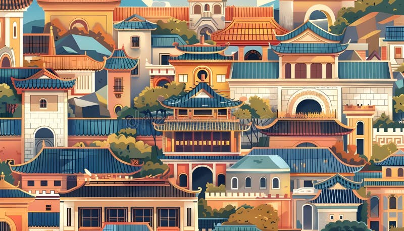 Ancient China City Seamless Pattern Stock Illustration - Illustration ...