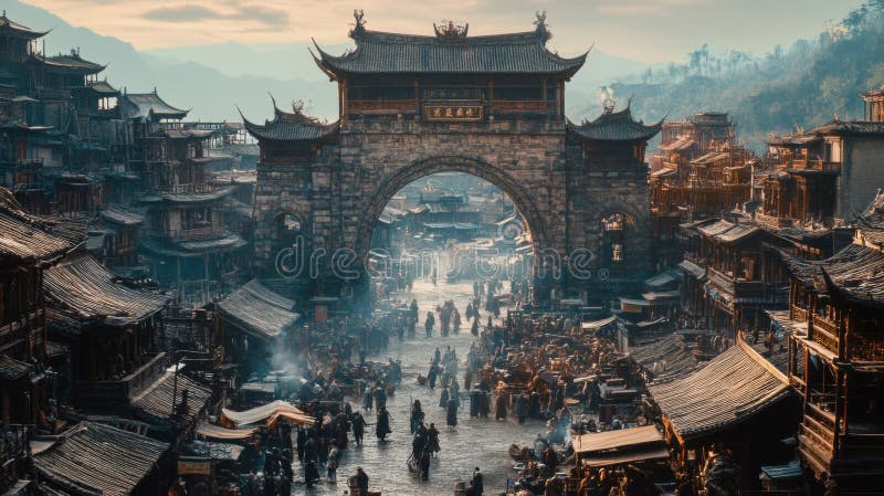 Ancient Chinese City Gate and Bustling Marketplace Stock Illustration ...
